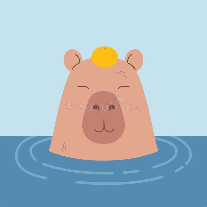 Cute Calm Capybara in Water with Tangerine on a Head Stock Illustration ...