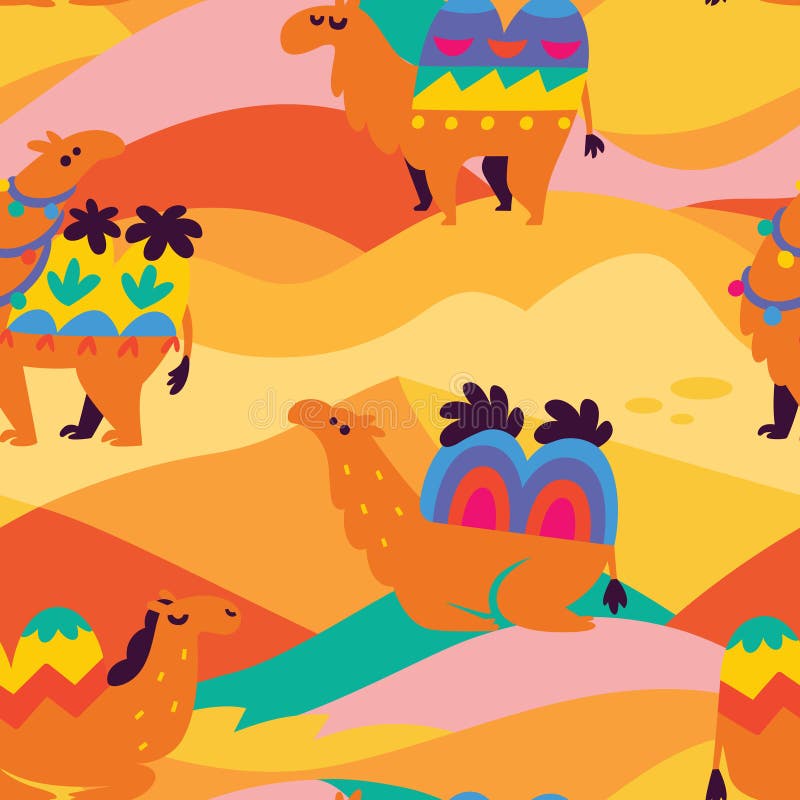 Cute Camels in the Sand Seamless Pattern. Flat Design Stock Vector ...