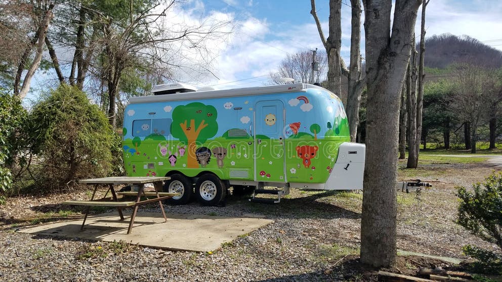 Cute Camper Trailer Hand Painted Cartoon Characters Stock Image - Image ...