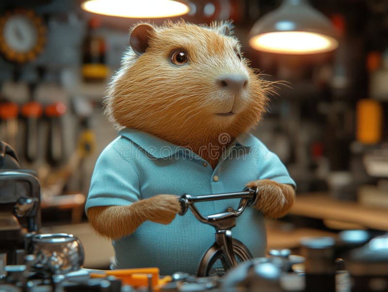 Cute Capybara in Blue Shirt Fixing Bicycle in Workshop Under Warm ...