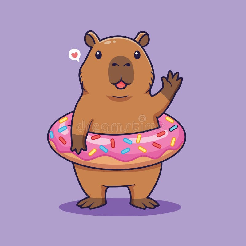 Cute Capybara with Donut Float Waving Hello. Stock Vector ...