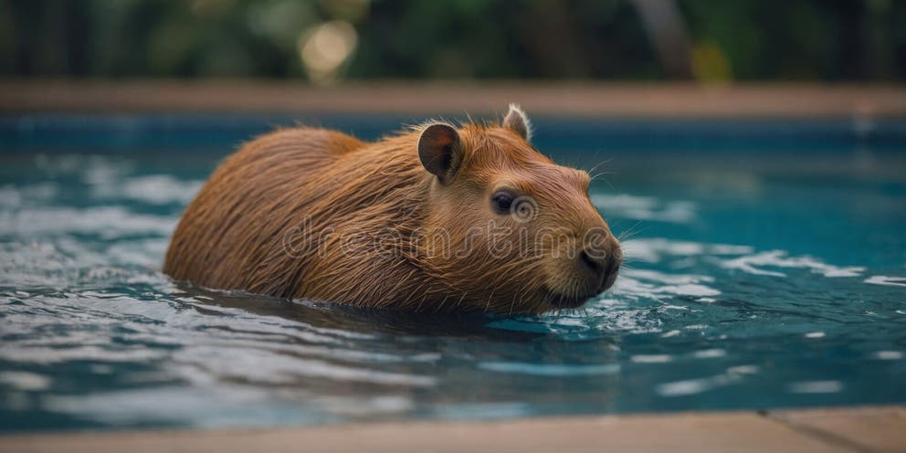 A Cute Capybara is in a Pool with a Straw in a Cup. Stock Illustration ...