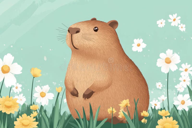 Cute Capybara in Spring Meadow Surrounded by Flowers, Radiating Joy and ...