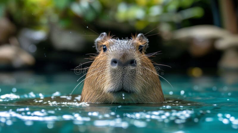 Cute Capybara Swims in the Pool Against the Backdrop of the Summer ...
