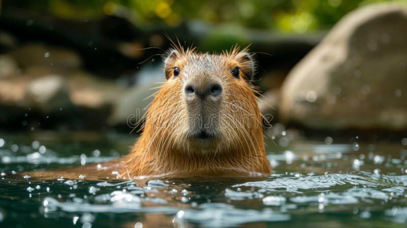 Cute Capybara Swims in the Pool Against the Backdrop of the Summer ...