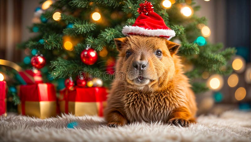 Cute Capybara Wearing Santa Hat Adorable, Greeting Stock Image - Image ...