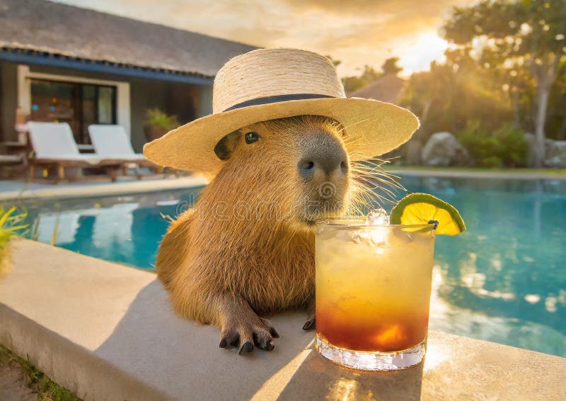 Cute Capybara Wearing Wide Brim Straw Hat Drinking Brandy Ginger ...