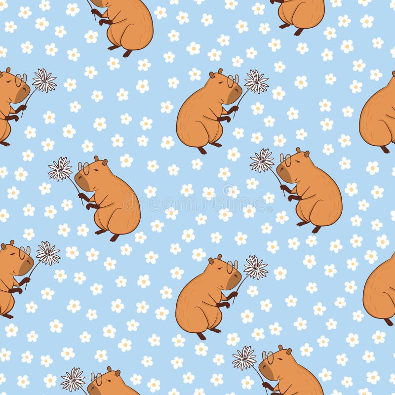 Cute Capybaras and Flowers Seamless Pattern. Vector Cartoon ...