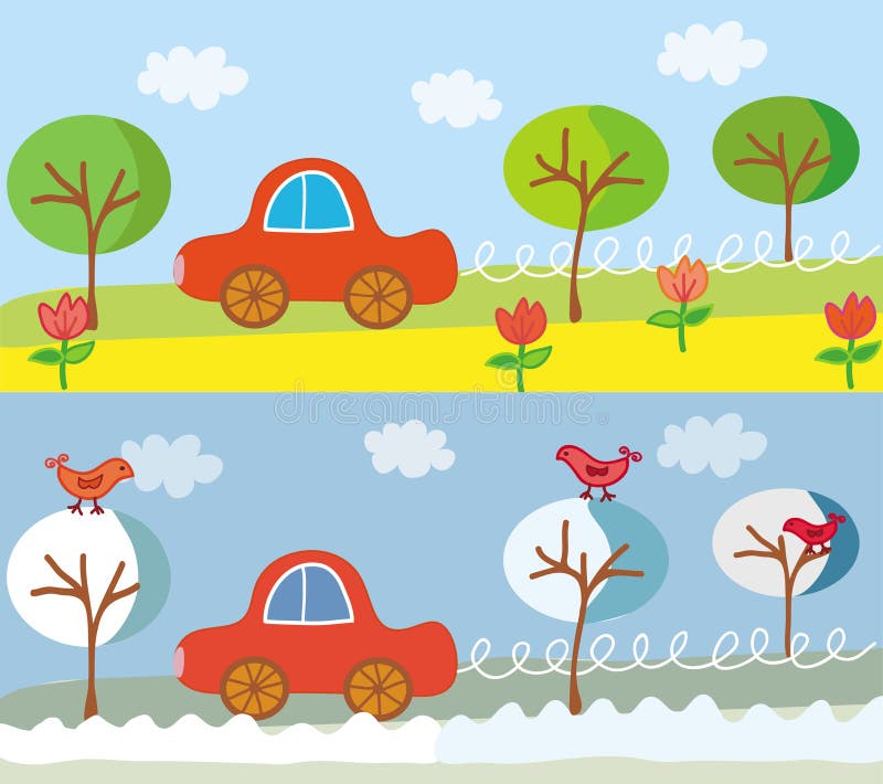 Cute Car on the Road in the Summer or Spring and W Stock Vector ...