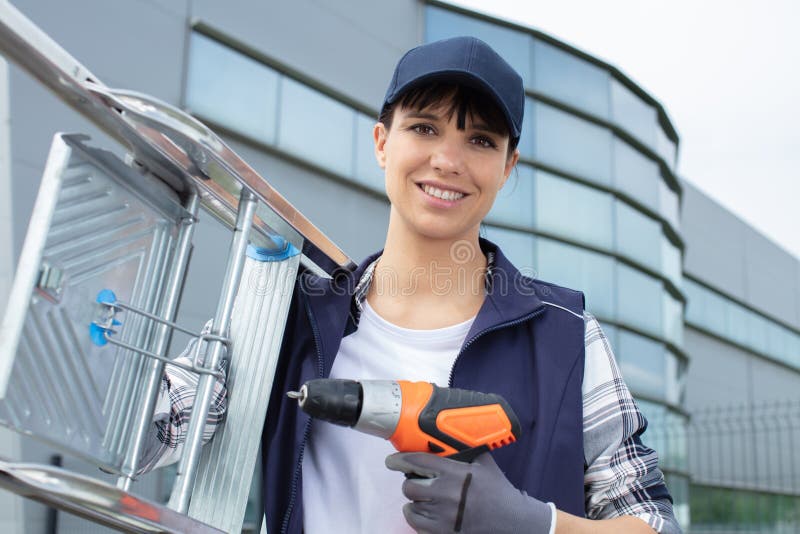 Cute Carpenter Woman Holding Drill and Ladder Stock Image - Image of ...