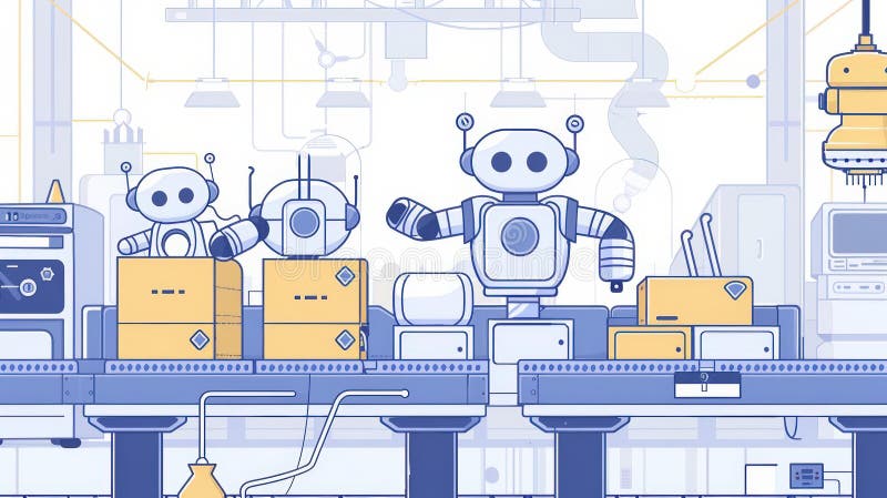 A Cute Cartoon of AI Robots Optimizing Production in a Factory Stock ...