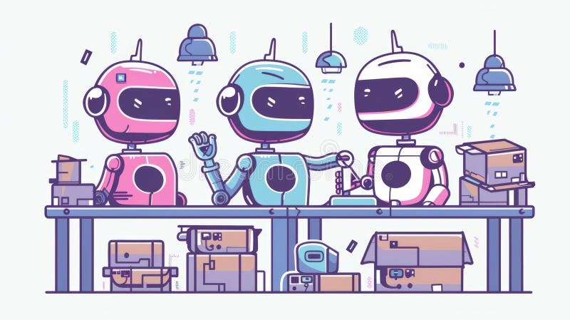 A Cute Cartoon of AI Robots Optimizing Production in a Factory Stock ...