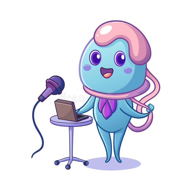 Cute Cartoon Alien Presenting with Microphone and Laptop on Stage Stock ...