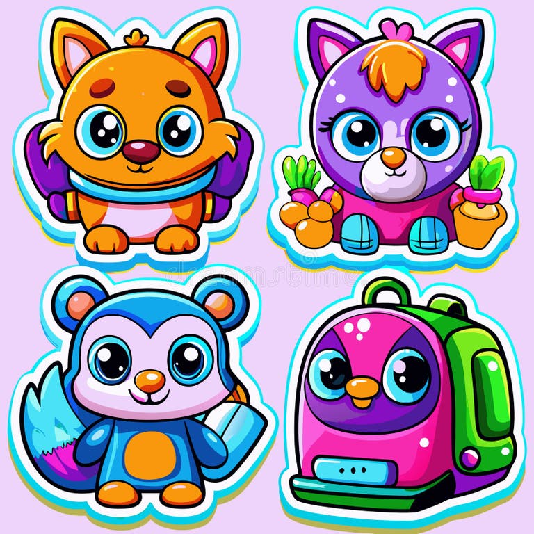 Cute Cartoon Animals and Backpack Stickers Stock Image - Image of ...