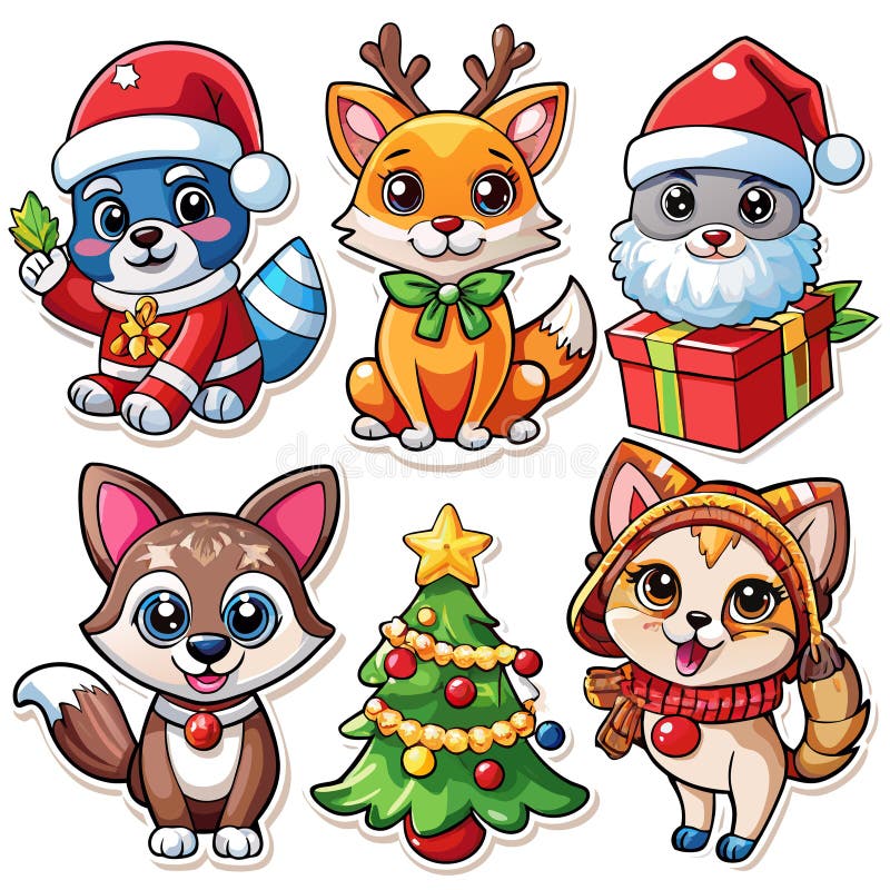 Cute Cartoon Animals Celebrating Christmas. (33 Stock Vector - Illustration of sweet, decoration ...