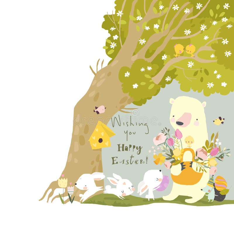 Cute Cartoon Animals Celebrating Easter in the Spring Forest Stock ...