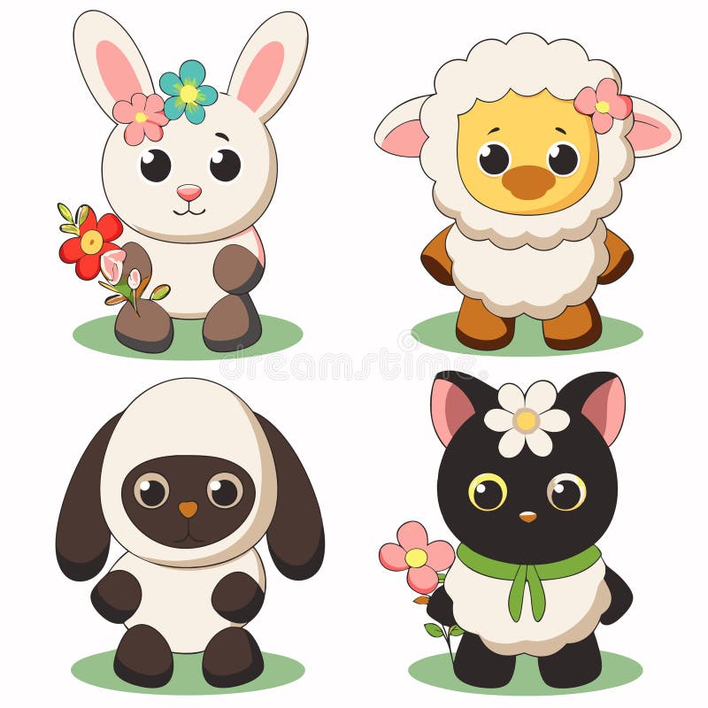Cute Cartoon Animals with Flowers. (1 Stock Vector - Illustration of ...