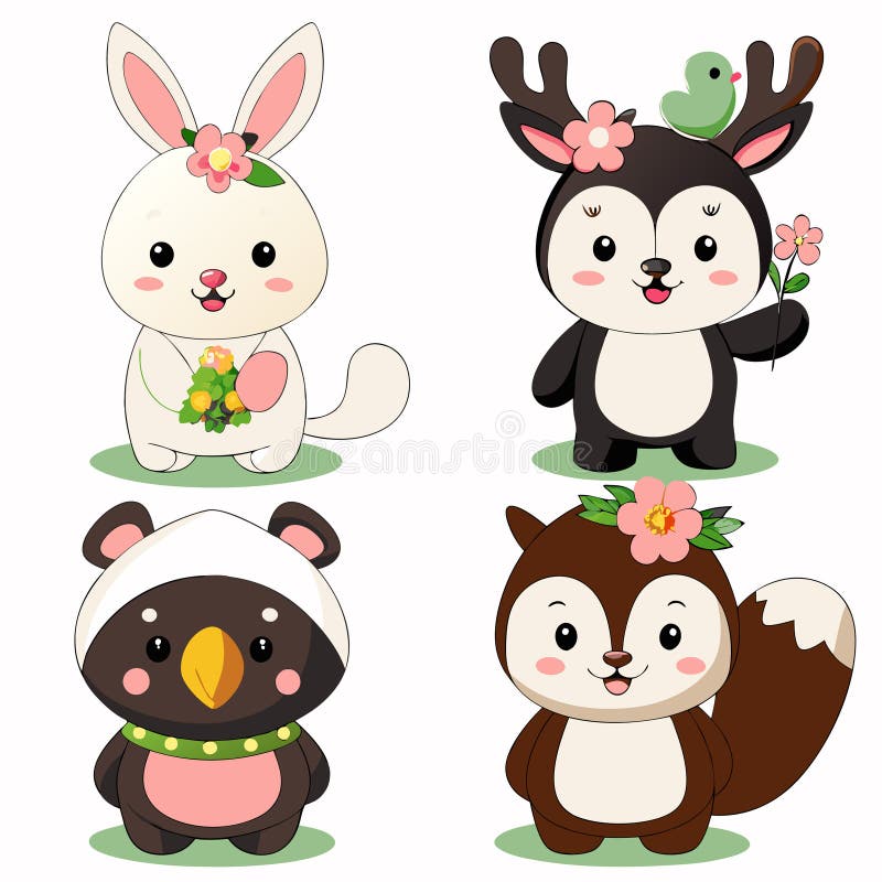 Cute Cartoon Animals with Flowers. (1 Stock Vector - Illustration of ...