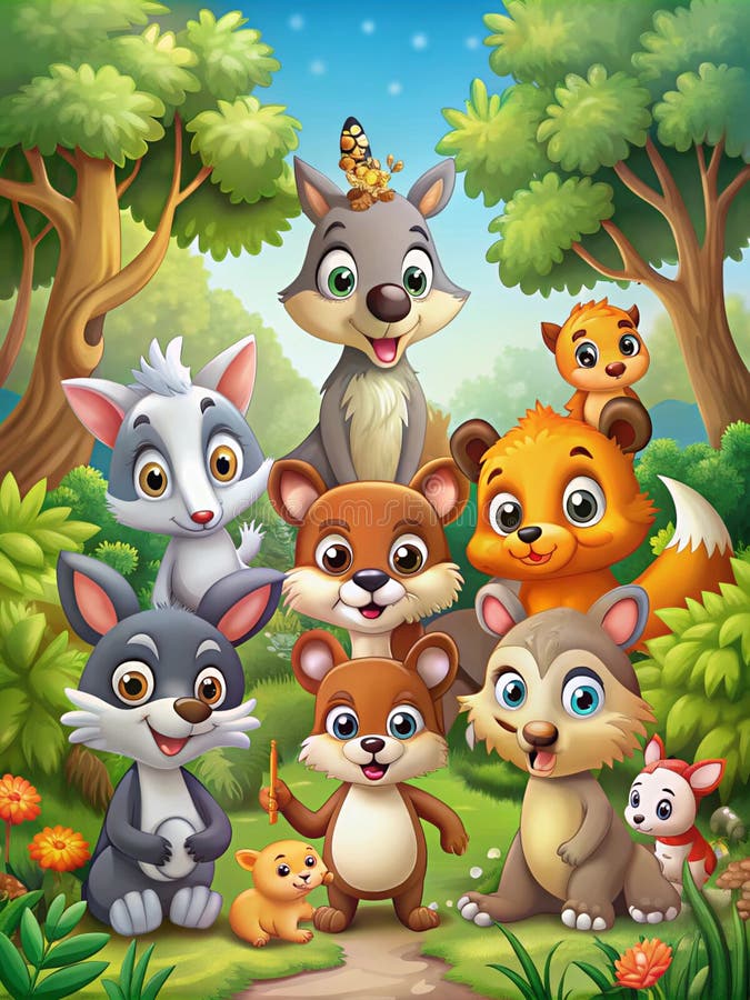 Cute Cartoon Animals in a Forest Setting Stock Illustration ...