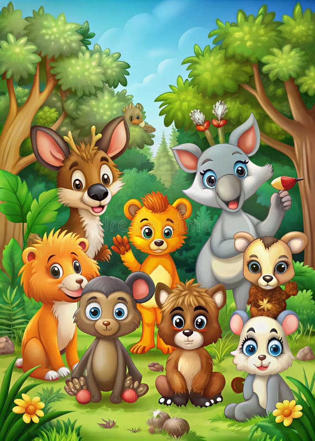 Cute Cartoon Animals in a Forest Setting Stock Illustration ...