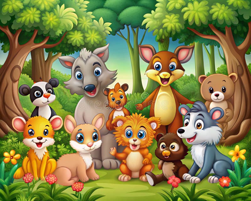 Cute Cartoon Animals in a Forest Setting Stock Illustration ...