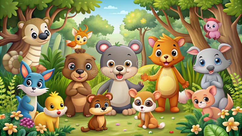 Cute Cartoon Animals in a Forest Setting Stock Illustration ...
