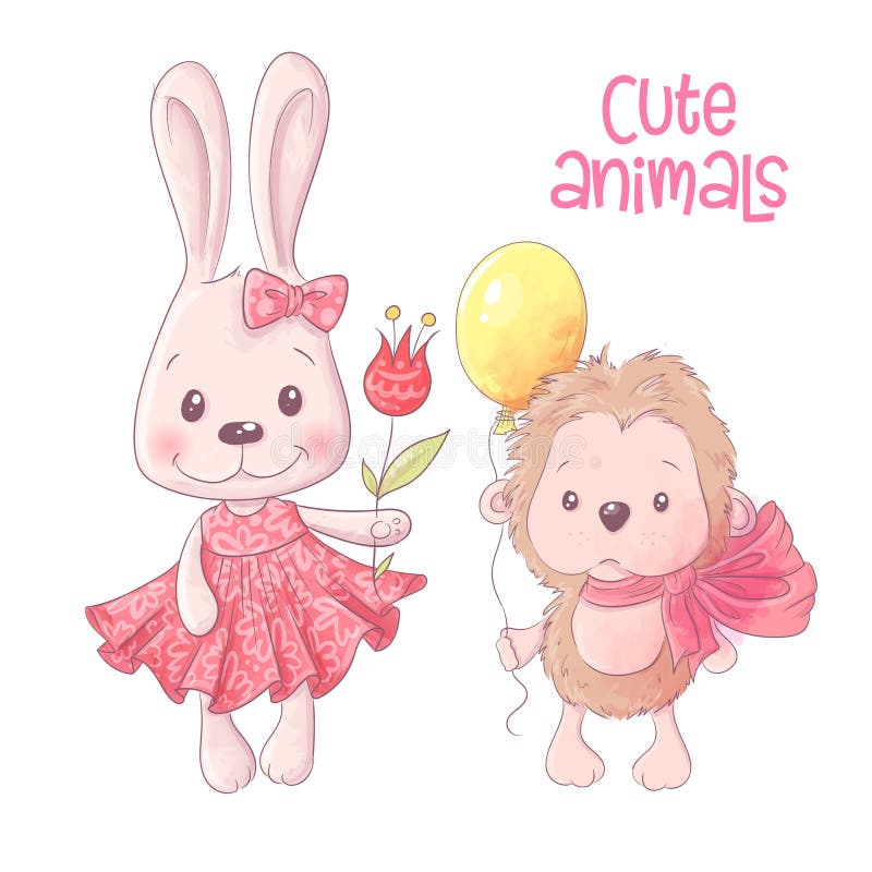 Cute Cartoon Animals Hare and Hedgehog Hand Drawing. Vector Stock ...