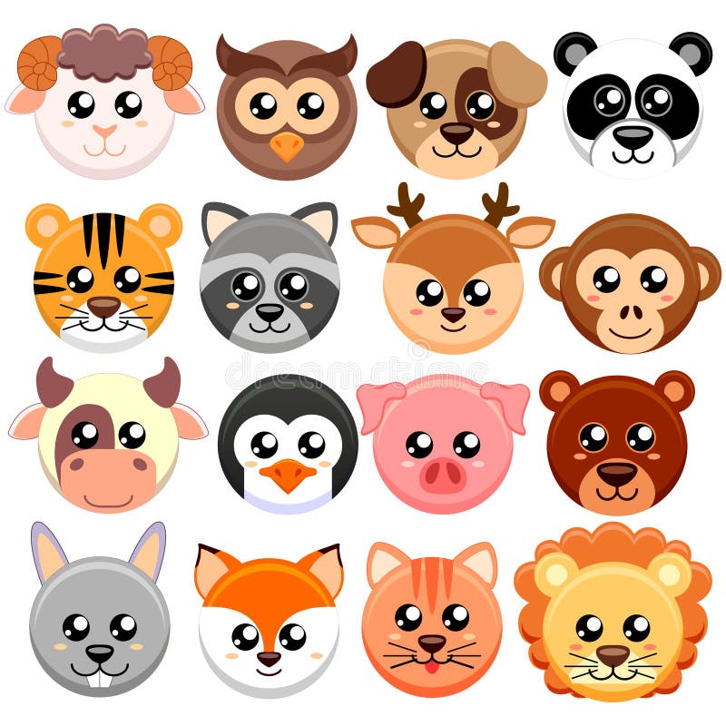 Cute Cartoon Animals Head Round Shape. Stock Vector - Illustration of ...