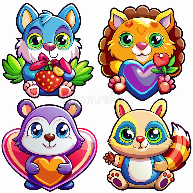 Cute Cartoon Animals Holding Hearts Stock Vector - Illustration of ...