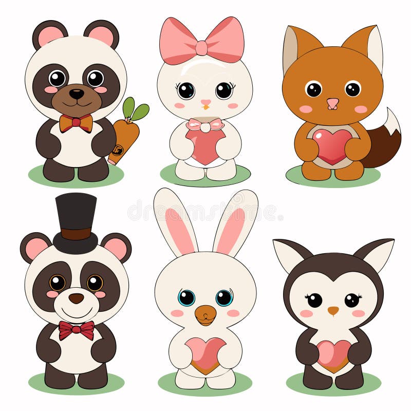 Cute Cartoon Animals Holding Hearts. (4 Stock Vector - Illustration of ...