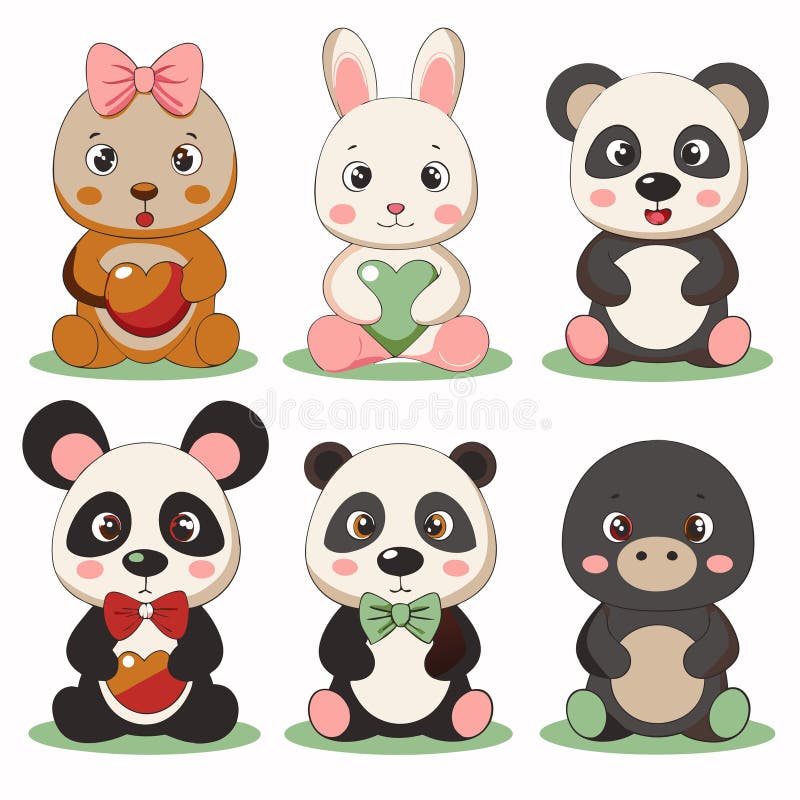 Cute Cartoon Animals Holding Hearts. (5 Stock Vector - Illustration of ...