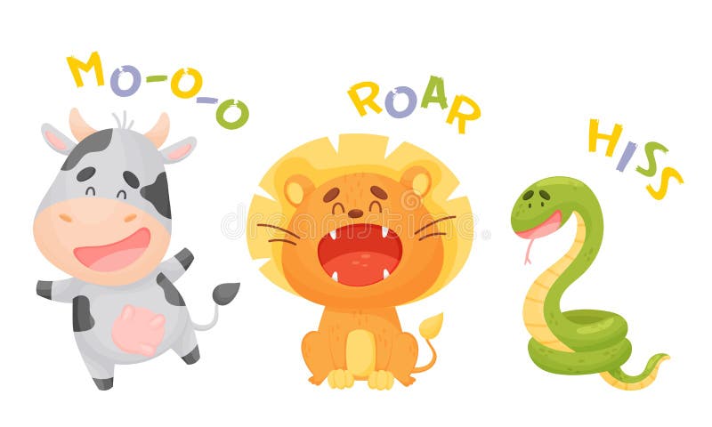 Cute Cartoon Animals Making Sounds Vector Illustrations Set Stock ...