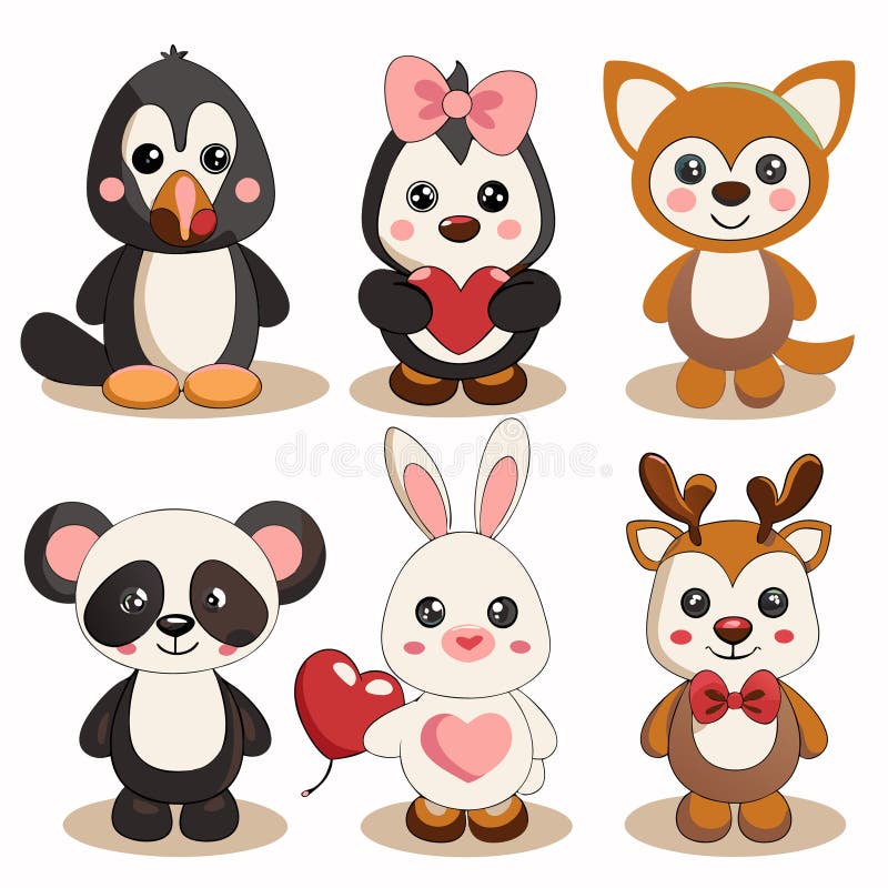 Cute Cartoon Animals Penguin, Fox, Panda, Bunny, Deer Stock Vector ...