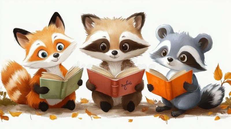Cute Cartoon Animals Reading Books Stock Illustration - Illustration of ...