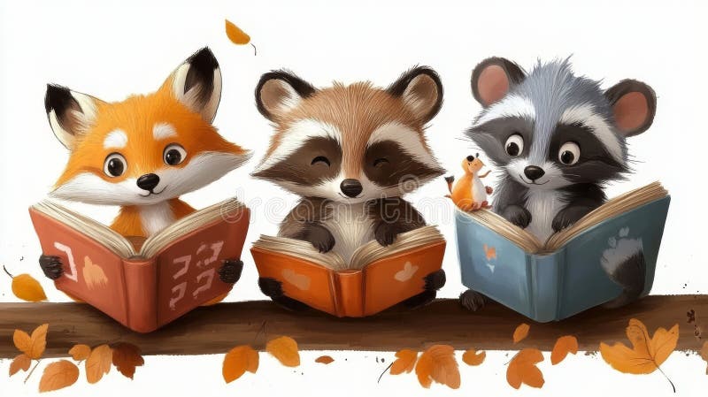 Cute Cartoon Animals Reading Books Stock Illustration - Illustration of ...