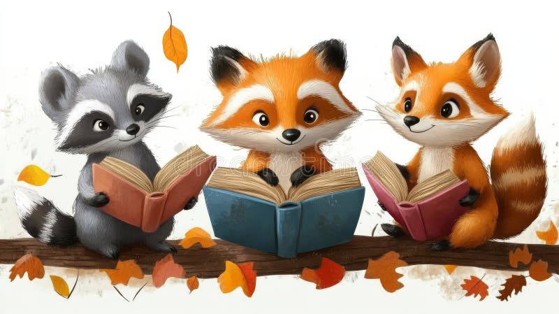 Cute Cartoon Animals Reading Books Stock Illustration - Illustration of ...