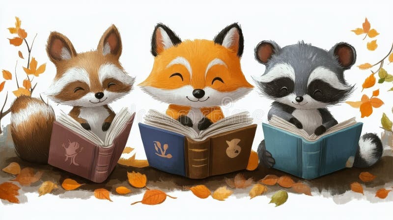 Cute Cartoon Animals Reading Books Stock Illustration - Illustration of ...