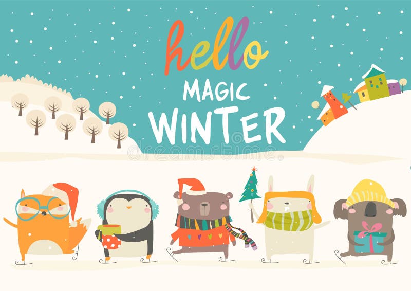 Cute Cartoon Animals Skating in Winter Park. Hello Winter Stock Vector ...