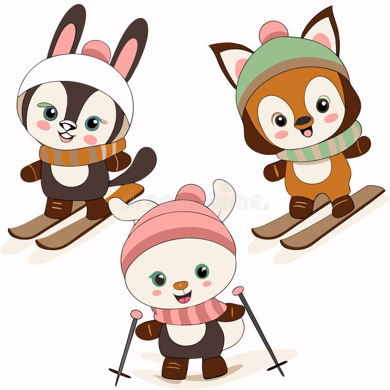 Cute Cartoon Animals Skiing in Winter. (2 Stock Vector - Illustration ...
