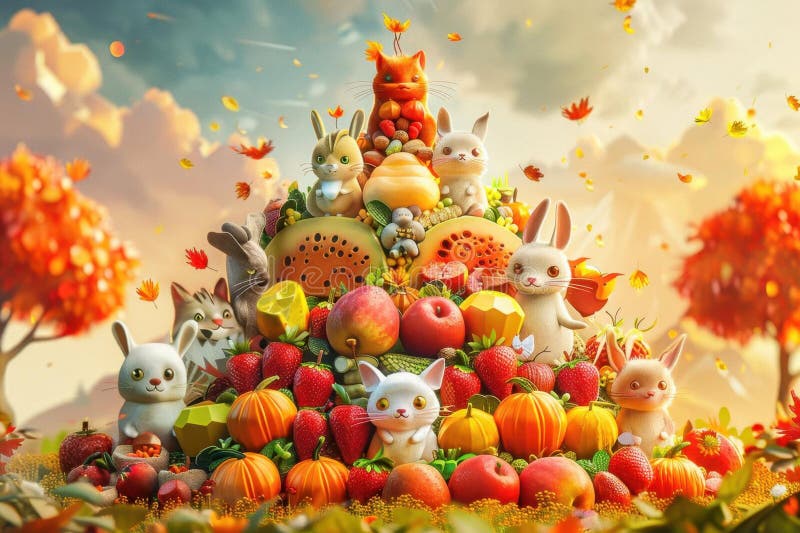 Cute Cartoon Animals Surrounded by Fall Harvest Fruit Stock ...