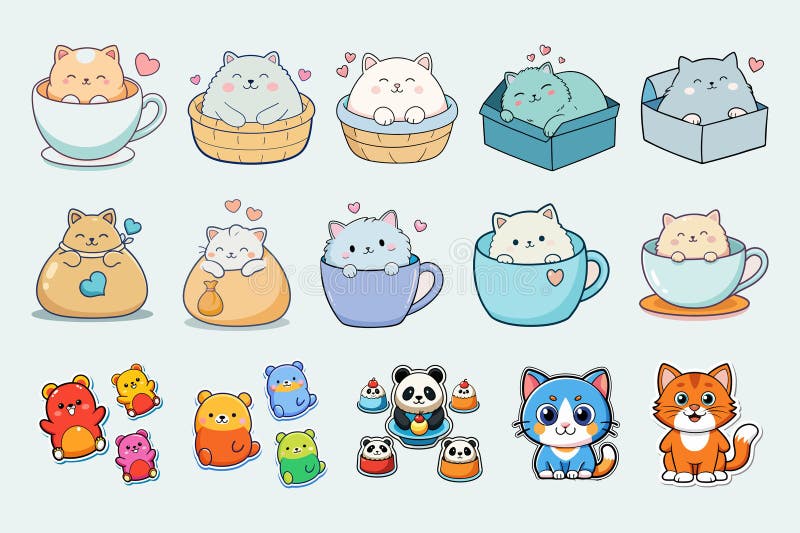 Cute Cartoon Animals in Various Poses and Settings Stock Vector ...