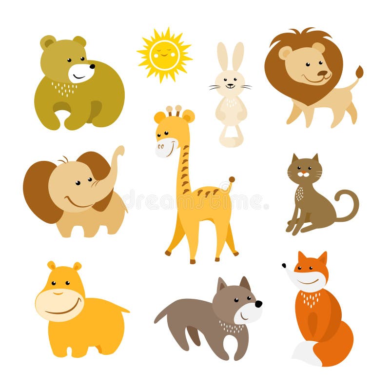Cute Animals Vector Set. Forest Animals and African Animals with Trees ...