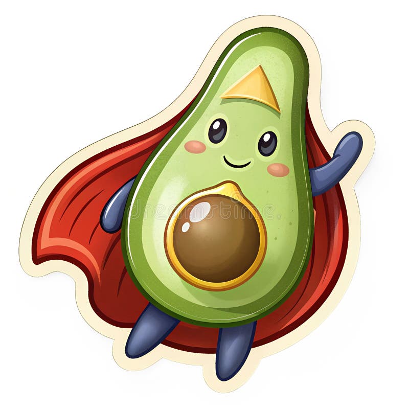Cute Cartoon Avocado Character Dressed As a Superhero with a Red Cape ...