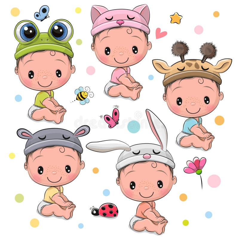 Cute Cartoon Babies in Hats of Different Animals Stock Vector ...