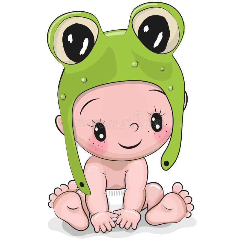 Cute Cartoon Baby Boy in a Frog Hat Stock Vector - Illustration of ...
