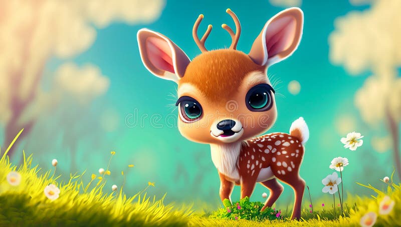 Cute Cartoon Baby Deer in a Spring Meadow, Generative Ai Stock ...