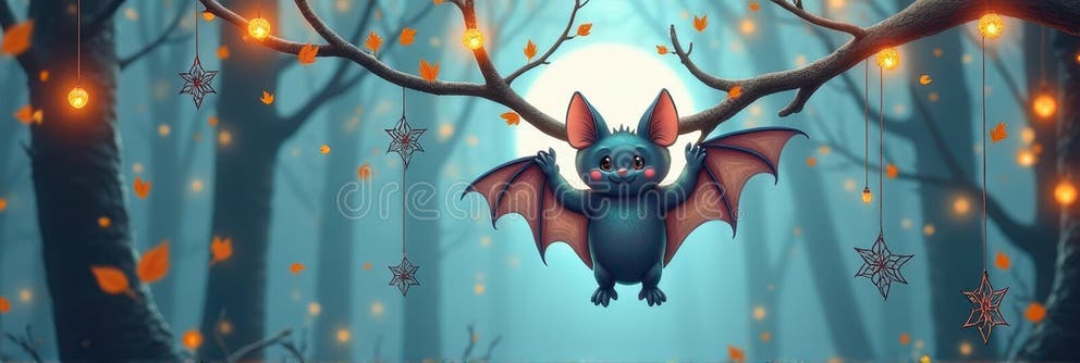 Cute Cartoon Bat in Enchanted Forest with Glowing Lights and Stars ...