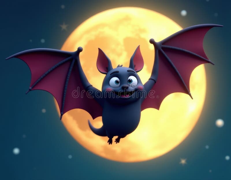 Cute Cartoon Bat Flying in Front of the Moon Stock Illustration ...