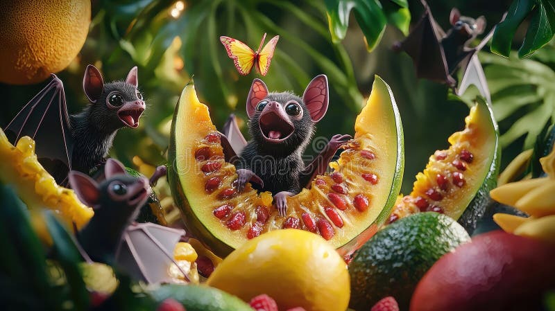 Cute Cartoon Bats Enjoying a Fruit Feast in a Tropical Jungle Setting ...