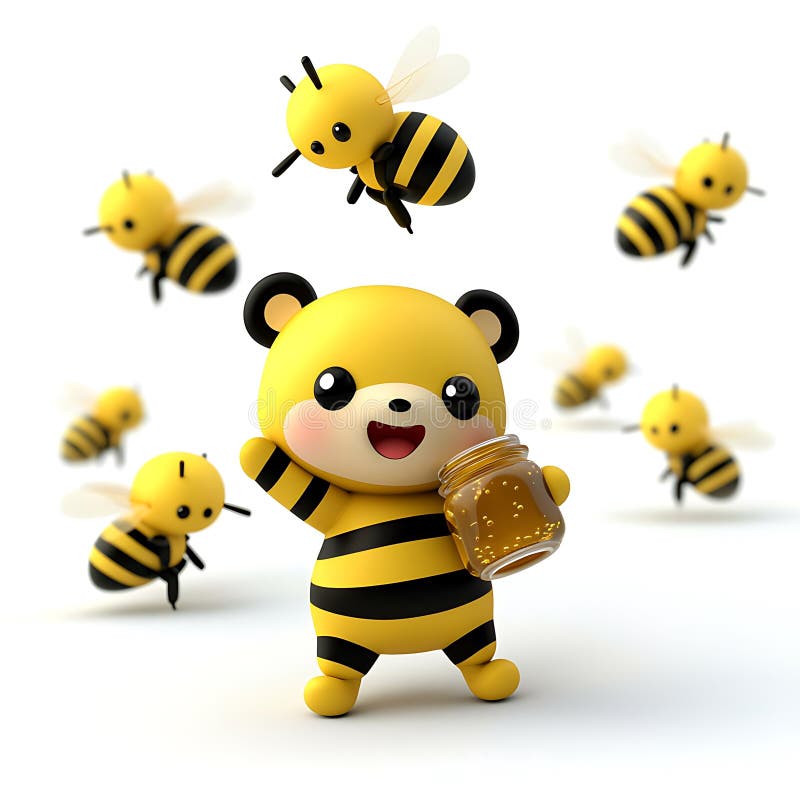 Cute Cartoon Bear with Bees and Honey Illustration Stock Illustration ...